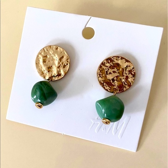 H&M | Jewelry | Hm Gold Dark Green Stud Medallion Drop Earrings New | Poshmark